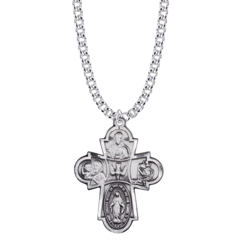 TrueFaithJewelry Sterling Silver 5 Way Medal Cross Medal Pendant Necklace Religious Jewelry, Antique Finish 1 1/4 Inch