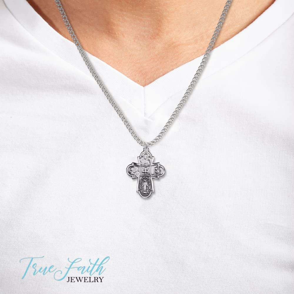 TrueFaithJewelry Sterling Silver 5 Way Medal Cross Medal Pendant Necklace Religious Jewelry, Antique Finish 1 1/4 Inch