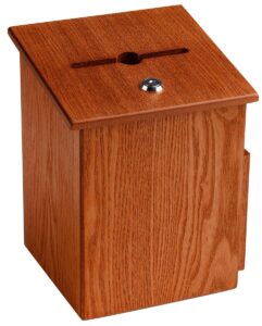 wood suggestion box, ballot box with side pocket, locking hinged lid and pen, for wall or counter - medium oak (ballots not included)