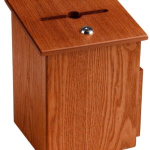 Wood Suggestion Box, Ballot Box with Side Pocket, Locking Hinged Lid and Pen, for Wall or Counter - Medium Oak (Ballots Not Included)