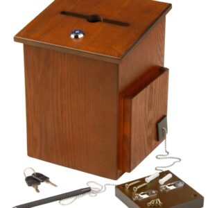 Wood Suggestion Box, Ballot Box with Side Pocket, Locking Hinged Lid and Pen, for Wall or Counter - Medium Oak (Ballots Not Included)