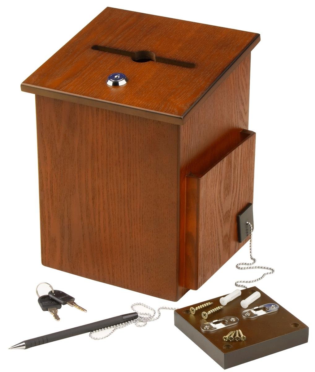 Wood Suggestion Box, Ballot Box with Side Pocket, Locking Hinged Lid and Pen, for Wall or Counter - Medium Oak (Ballots Not Included)