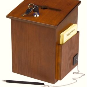 Wood Suggestion Box, Ballot Box with Side Pocket, Locking Hinged Lid and Pen, for Wall or Counter - Medium Oak (Ballots Not Included)