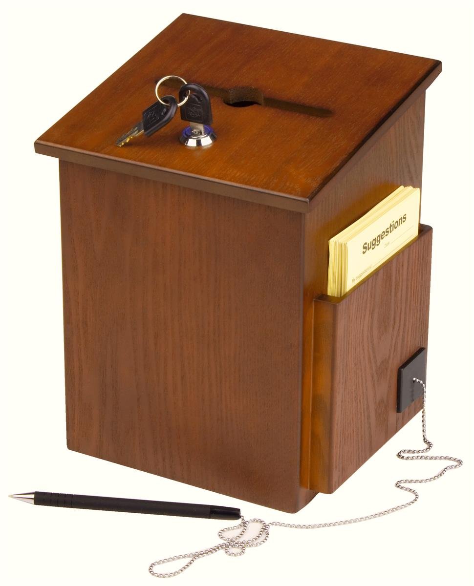 Wood Suggestion Box, Ballot Box with Side Pocket, Locking Hinged Lid and Pen, for Wall or Counter - Medium Oak (Ballots Not Included)