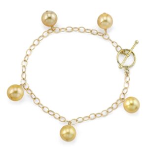 The Pearl Source 14K Gold 9-10mm Round Genuine Golden South Sea Cultured Pearl Dangling Tincup Bracelet for Women