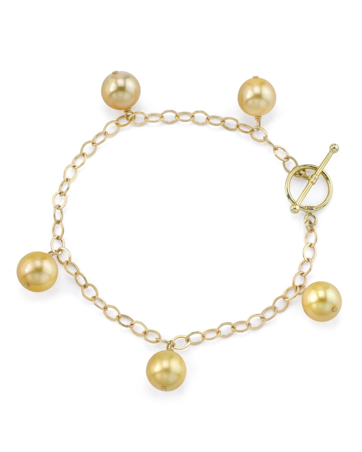 The Pearl Source 14K Gold 9-10mm Round Genuine Golden South Sea Cultured Pearl Dangling Tincup Bracelet for Women