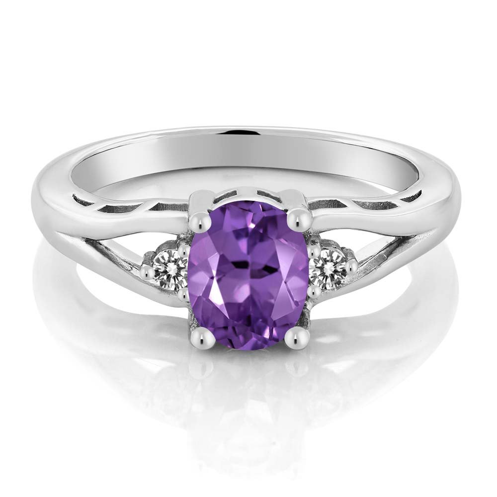 Gem Stone King 925 Sterling Silver Purple Amethyst and White Diamond 3 Stone Engagement Ring For Women | 1.16 Cttw | Oval 8X6MM | Round 2MM | Gemstone February Birthstone | Size 7