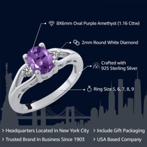 Gem Stone King 925 Sterling Silver Purple Amethyst and White Diamond 3 Stone Engagement Ring For Women | 1.16 Cttw | Oval 8X6MM | Round 2MM | Gemstone February Birthstone | Size 7