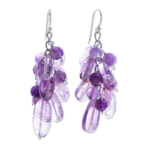 novica artisan handcrafted .925 sterling silver cluster earrings | handmade dangle earring | jewelry dangle earring | amethyst cluster earrings | beaded dangle earrings | artisan earrings