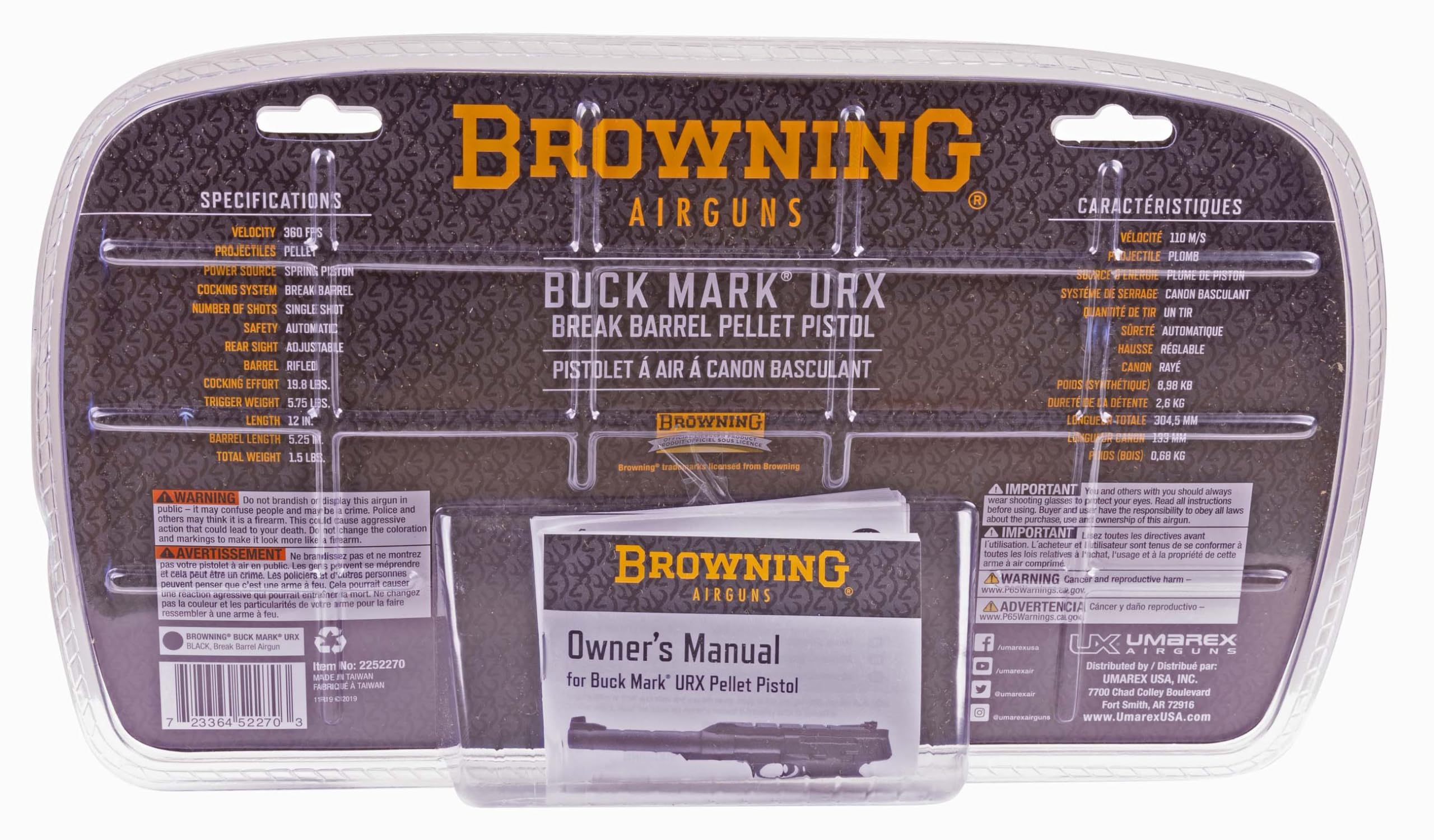 Umarex Browning Buck Mark URX Single Shot Break Barrel .177 Caliber Pellet Gun Air Pistol, Black