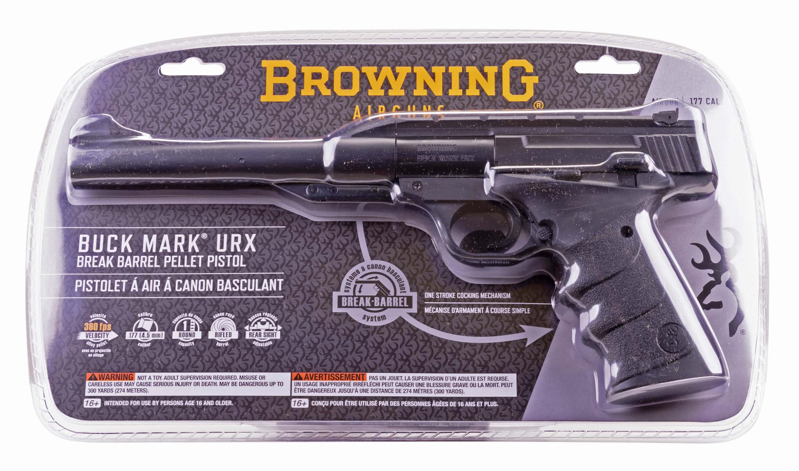 Umarex Browning Buck Mark URX Single Shot Break Barrel .177 Caliber Pellet Gun Air Pistol, Black