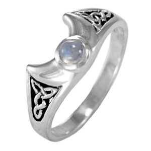 sterling silver crescent moon celtic knot ring with rainbow moonstone 8