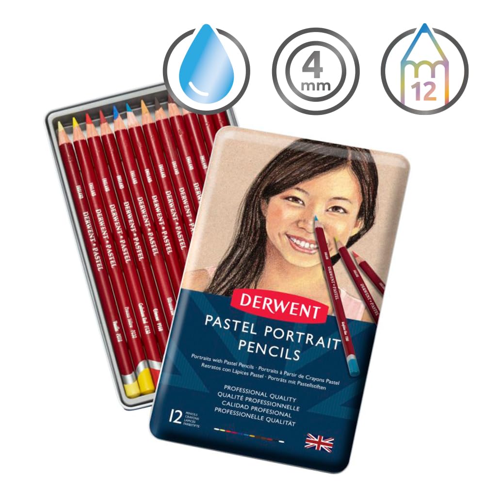 Derwent Pastel Pencils, Skintone, 4mm Core, Metal Tin, 12 Count (2300563), pink