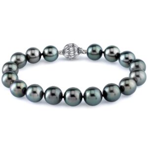 The Pearl Source 14K Gold 10-11mm Round Genuine Black Tahitian South Sea Cultured Pearl Bracelet for Women