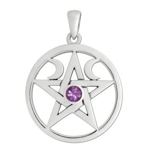 moonlight mysteries triple moon pentagram pendant - sterling silver wiccan pagan amethyst pentacle charm