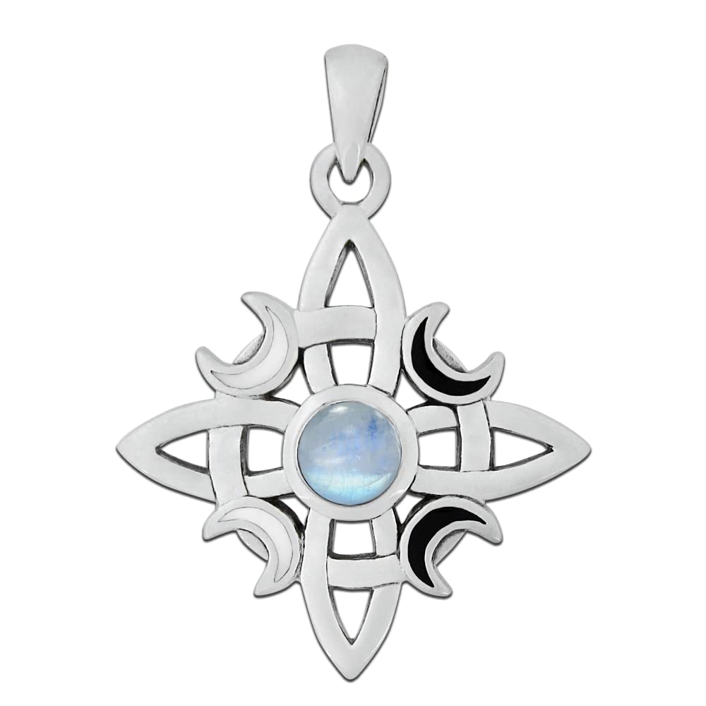 .925 Sterling Silver Witches Knot Pendant - Wiccan Pagan Witchcraft Jewelry with Rainbow Moonstone