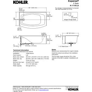 KOHLER K-1118-LA-0 Expanse 60-Inch x 30-Inch Curved Alcove Bath with integral flange and left hand drain, White