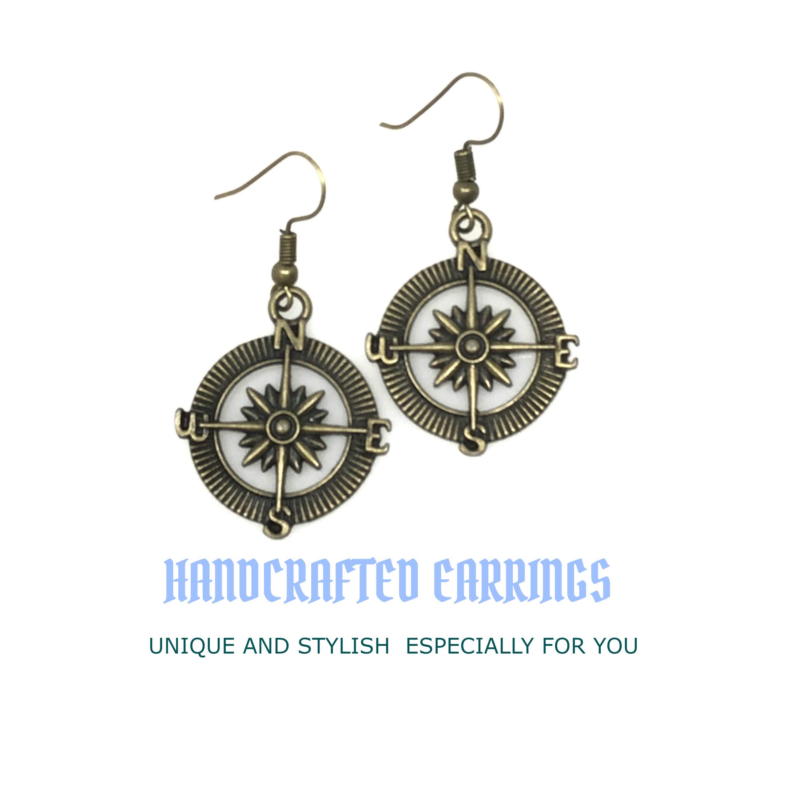 Steampunk Nautical Pirate compass earrings pendant charm dangle in Antique style