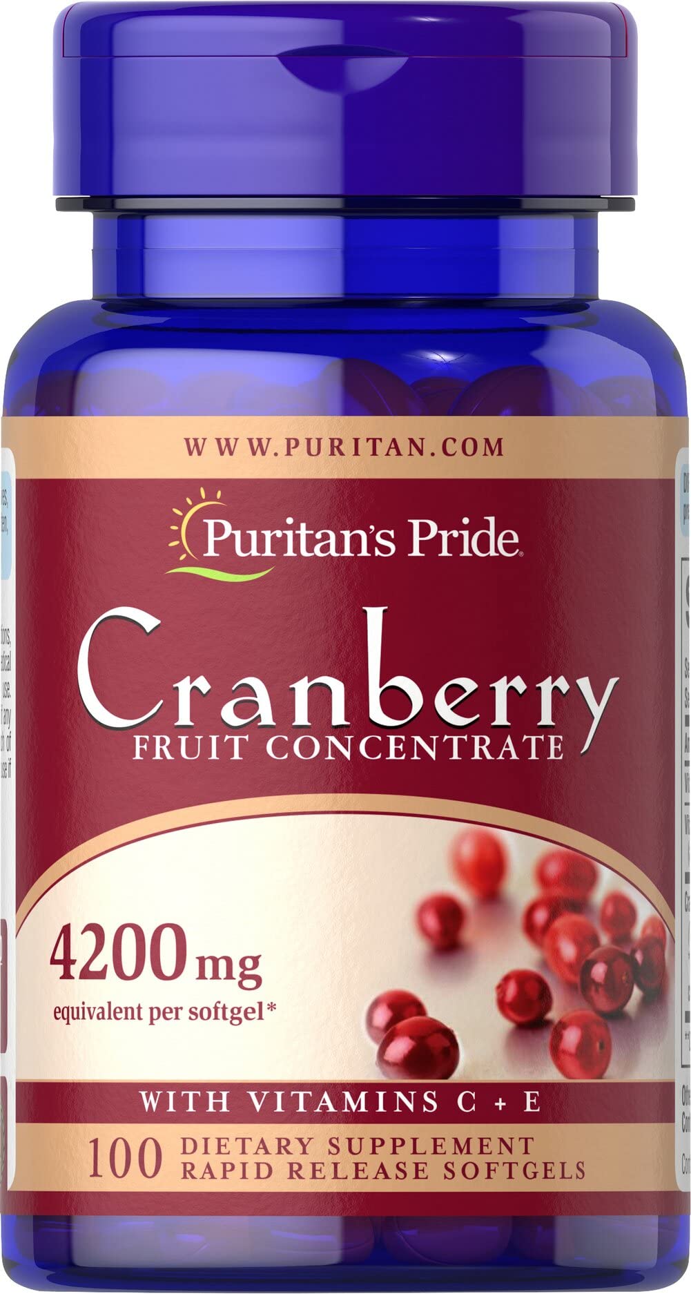 Puritan's Pride Cranberry Fruit Concentrate with C & E 4200 Mg, Softgel, 100 Count