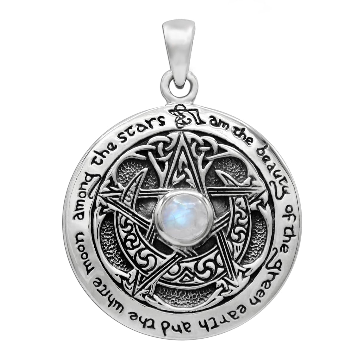 Dryad Design Moon Pentacle Pendant - Rainbow Moonstone Pentagram Sterling Silver Celtic Pagan Jewelry for Men & Women