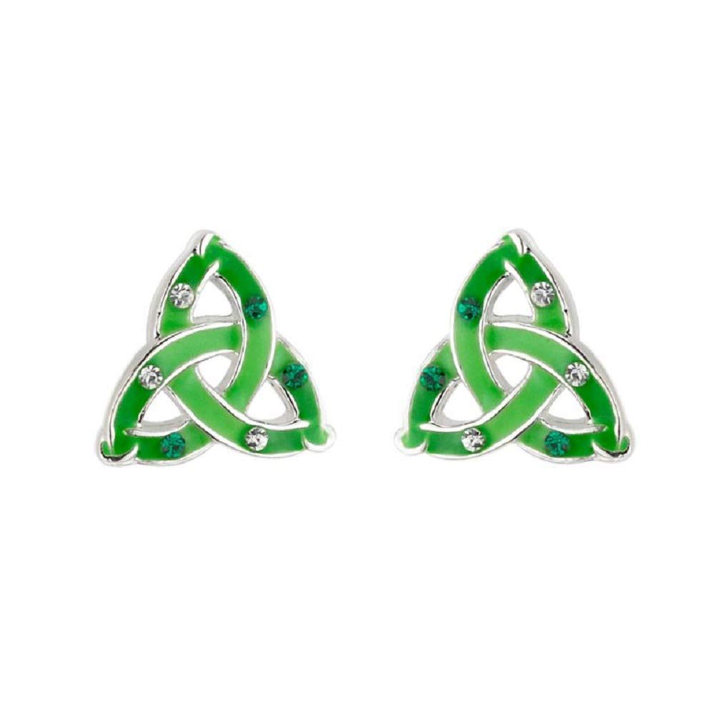 Tara Irish Earrings Trinity Knot Green Enamel & Crystal Made in Ireland