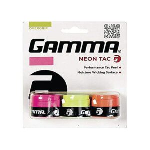 gamma sports neon tac overgrip, tacky grip for tennis, pickleball, squash, and badminton racquets, assorted 3 pack