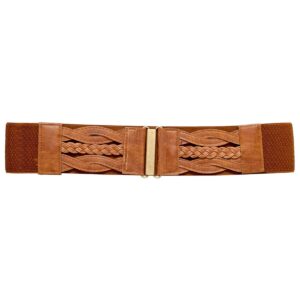 eVogues Plus Size Braided Elastic Stretchy Retro Wide Waist Cinch Belt Brown - One Size Plus