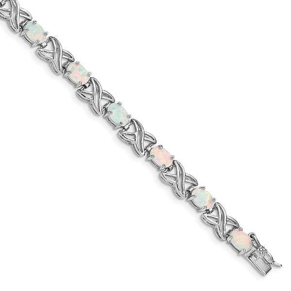 925 Sterling Silver 8.5 inch Created Opal Kisses Chain Gemstone Tennis Bracelet