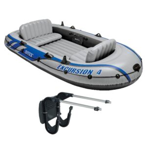 intex excursion 4 inflatable 4 person fishing boat raft set with motor mount kit for rivers and lakes (motor not included)