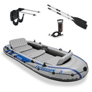 intex excursion 5 person inflatable outdoor fishing raft boat set with 2 aluminum oars and air pump with a composite motor mount kit