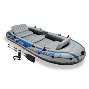 Intex Excursion 5 Person Inflatable Outdoor Fishing Raft Boat Set with 2 Aluminum Oars and Air Pump with a Composite Motor Mount Kit