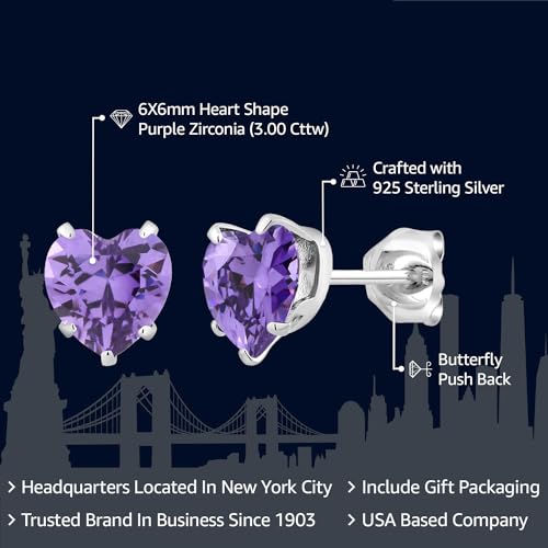 Gem Stone King 925 Sterling Silver Purple CZ Stud Earrings For Women | 3.00 Cttw | 6MM Heart Shape