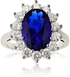 sterling silver large oval created blue sapphire and clear cubic zirconia statement bridal engagement princess diana/kate middleton royal ring