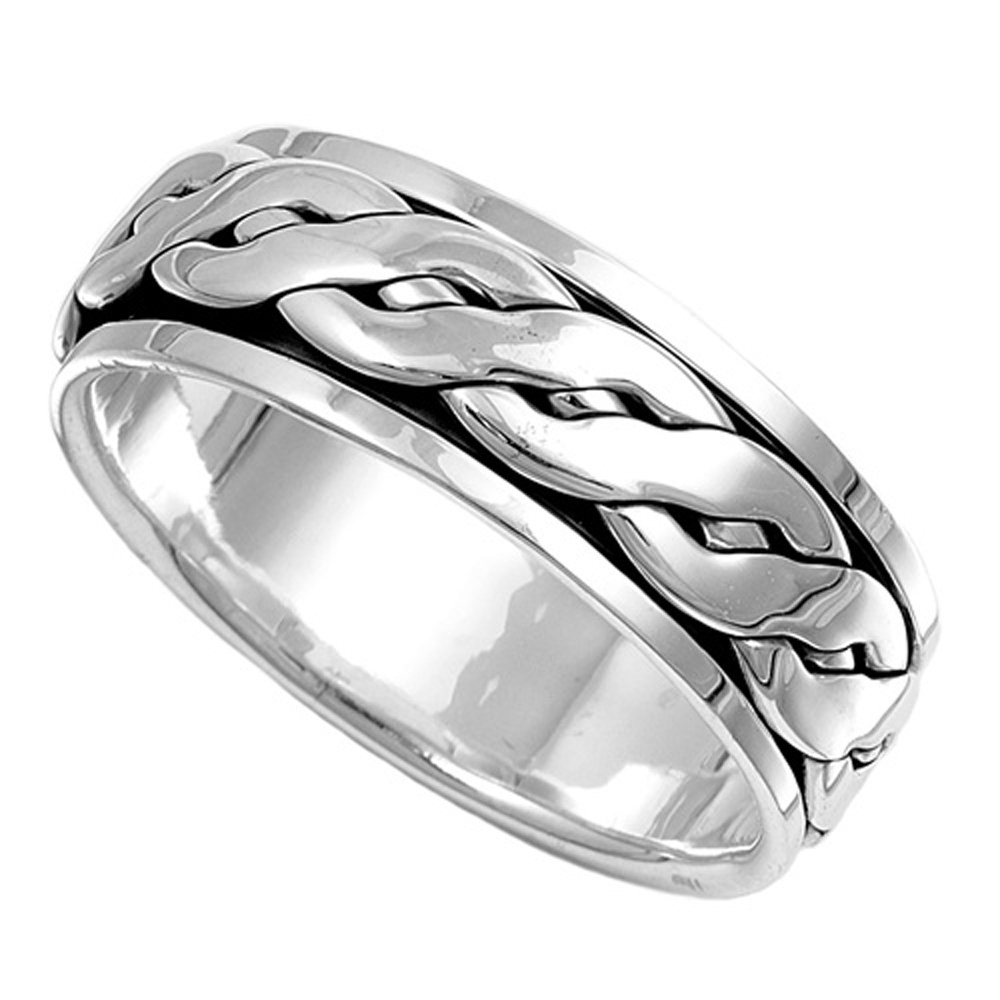 Double Accent Sterling Silver Braided Spinner Ring 8mm (Size 7 to 14) Size 8