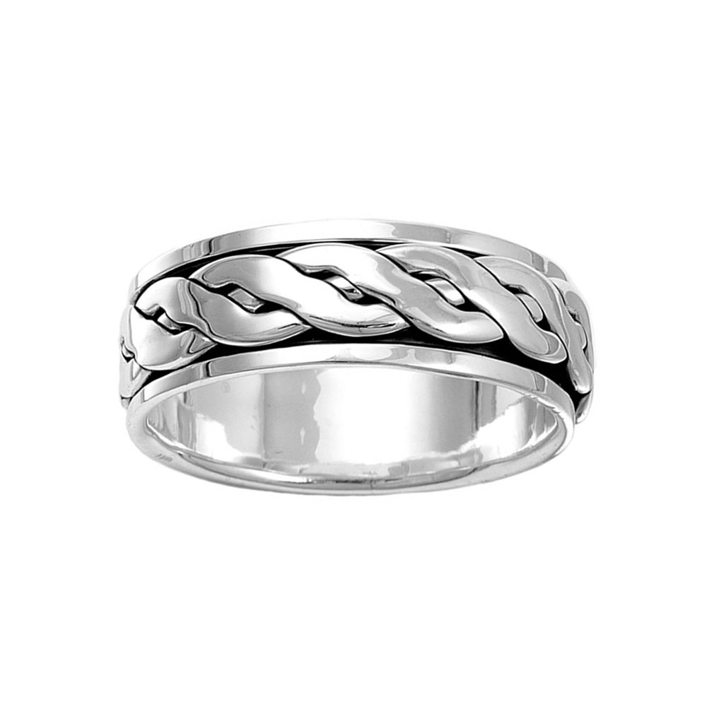 Double Accent Sterling Silver Braided Spinner Ring 8mm (Size 7 to 14) Size 8