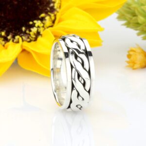 Double Accent Sterling Silver Braided Spinner Ring 8mm (Size 7 to 14) Size 8