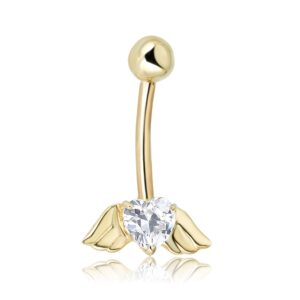 avora 10k yellow gold simulated diamond cz heart with wings belly button ring body jewelry (14 gauge)