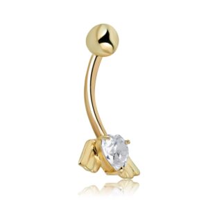 AVORA 10K Yellow Gold Simulated Diamond CZ Heart with Wings Belly Button Ring Body Jewelry (14 Gauge)