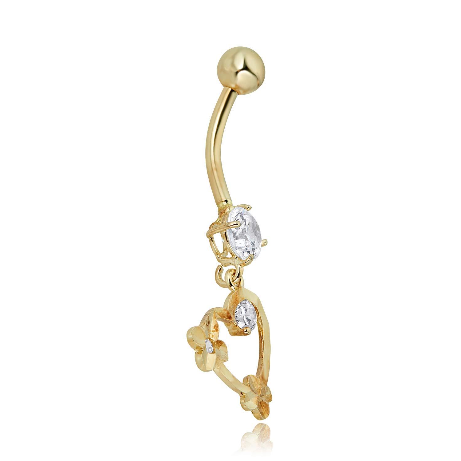 AVORA 10K Yellow Gold Simulated Diamond CZ Dangling Heart Belly Button Ring Body Jewelry (14 Gauge)