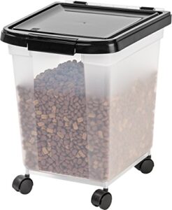 iris usa weatherpro airtight dog food storage container, up to 25 lbs, removable wheels, for dog cat bird and other pet food storage bin, keep fresh, translucent body, clear/black