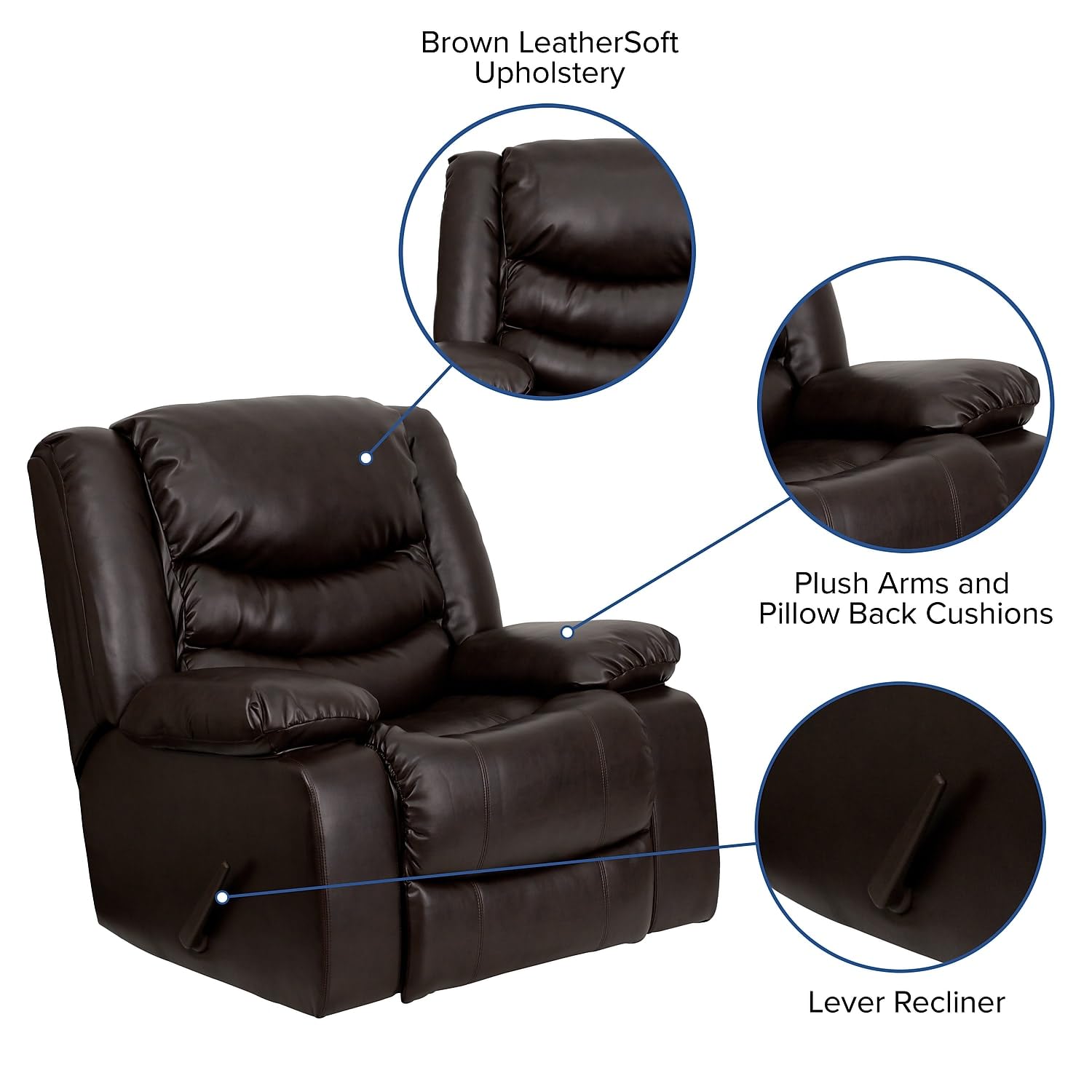 Flash Furniture Plush Brown LeatherSoft Lever Rocker Recliner with Padded Arms