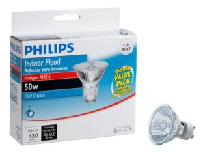 philips 415760 50-watt halogen indoor flood mr16 gu10 base 120-volt light bulb, 6-pack