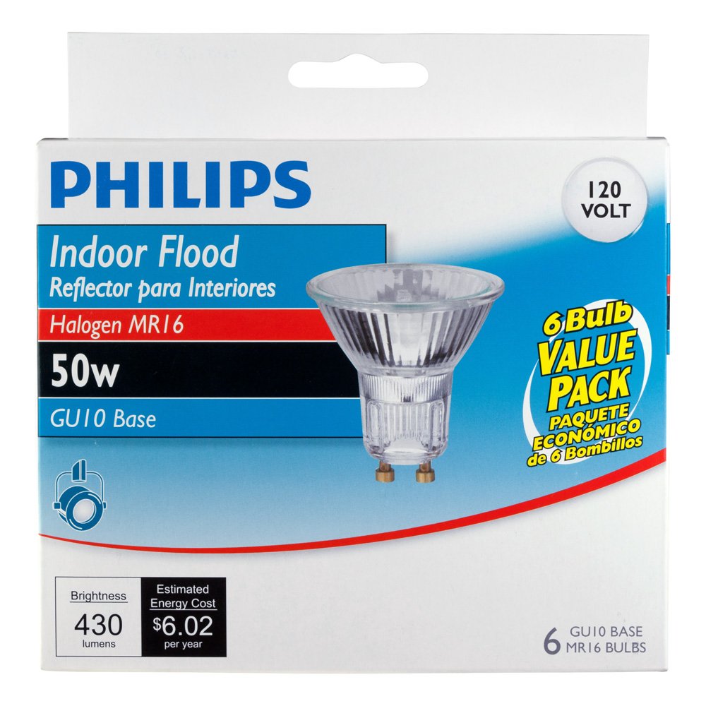 Philips 415760 50-Watt Halogen Indoor Flood MR16 GU10 Base 120-Volt Light Bulb, 6-Pack