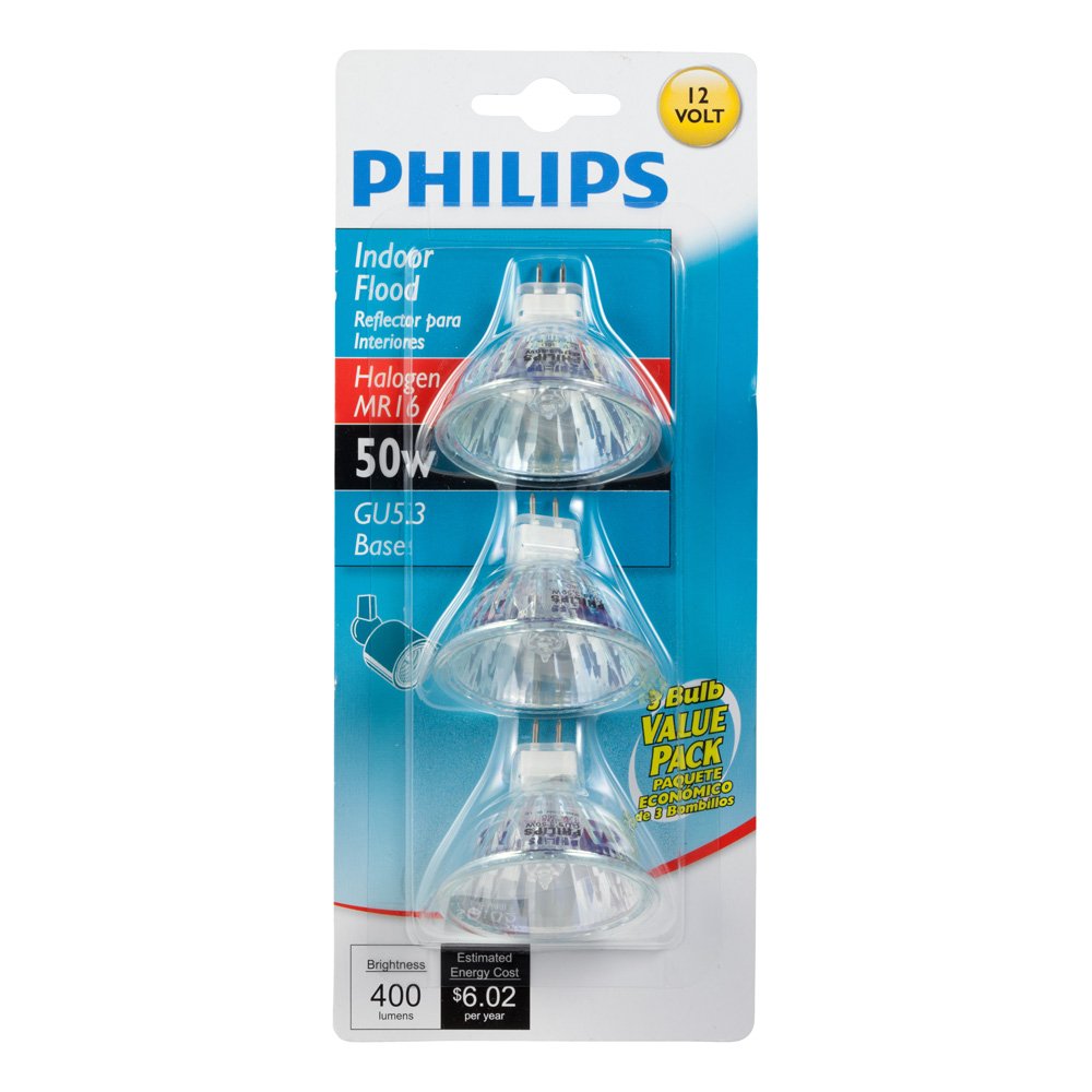 Philips 415802 Landscape and Indoor Flood 50-Watt MR16 12-Volt Light Bulb, Halogen, 3-Pack