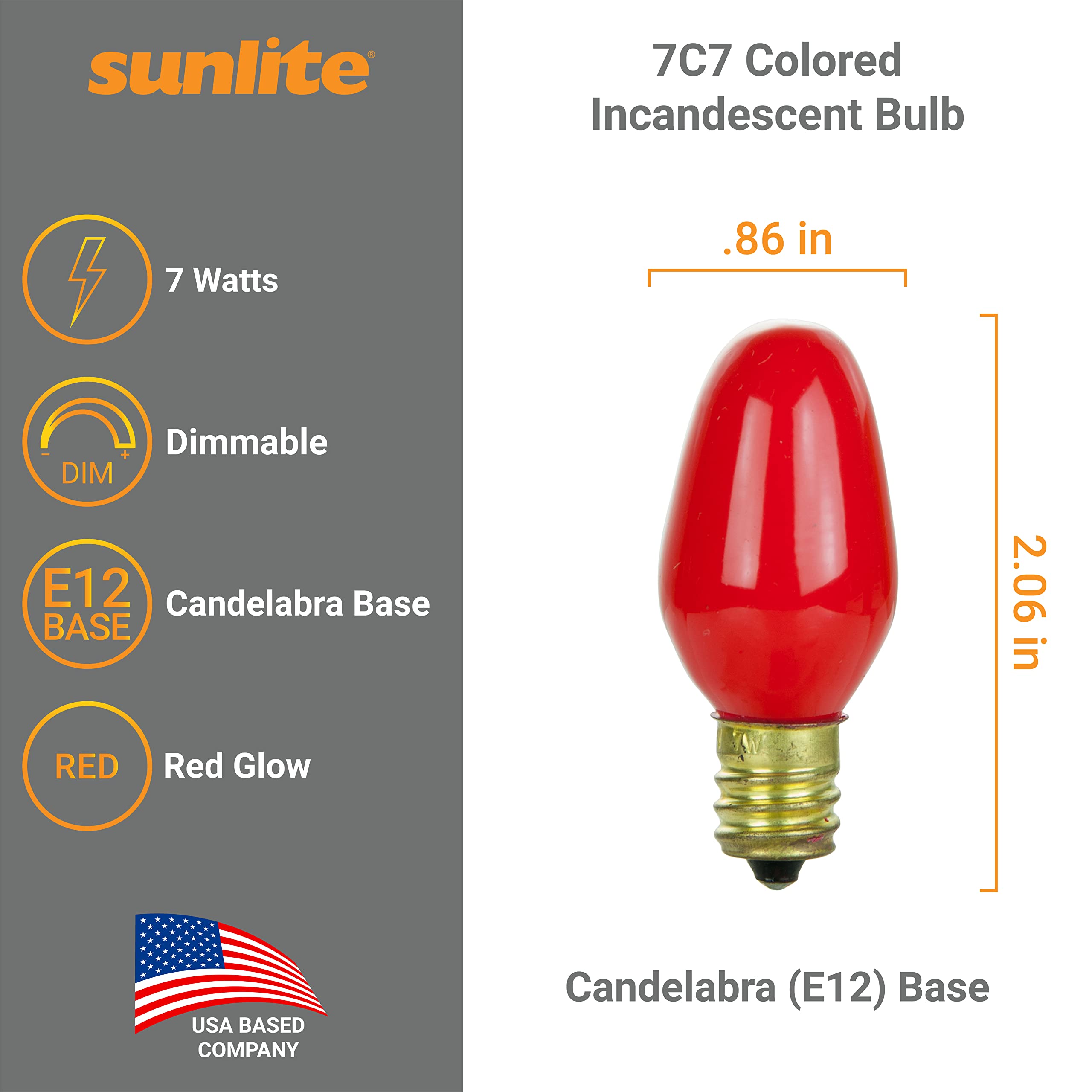 Sunlite 01275 7C7 Incandescent Bulb, 7 Watt, Candelabra E12 Base, C7 Small Night Light, Colored Bulb, Red, 25 Count