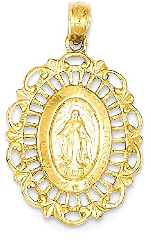 IceCarats 14K Yellow Gold Oval Our Lady of Miraculous Medal Blessed Virgin Mary Necklace Charm Pendant 26.2mm x 15.6mm Only