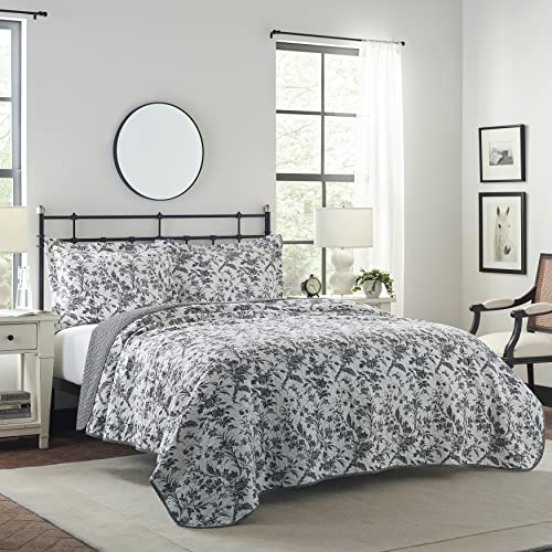 Laura Ashley Quilts Cotton Reversible Bedding with Matching Shams, Floral Home Decor for All Seasons, King, Amberley Black/White