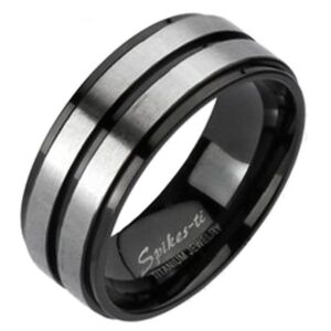 tir-0037 solid titanium brushed double stripe center higly polished edge band ring; 8mm width; comes with free gift box (10)