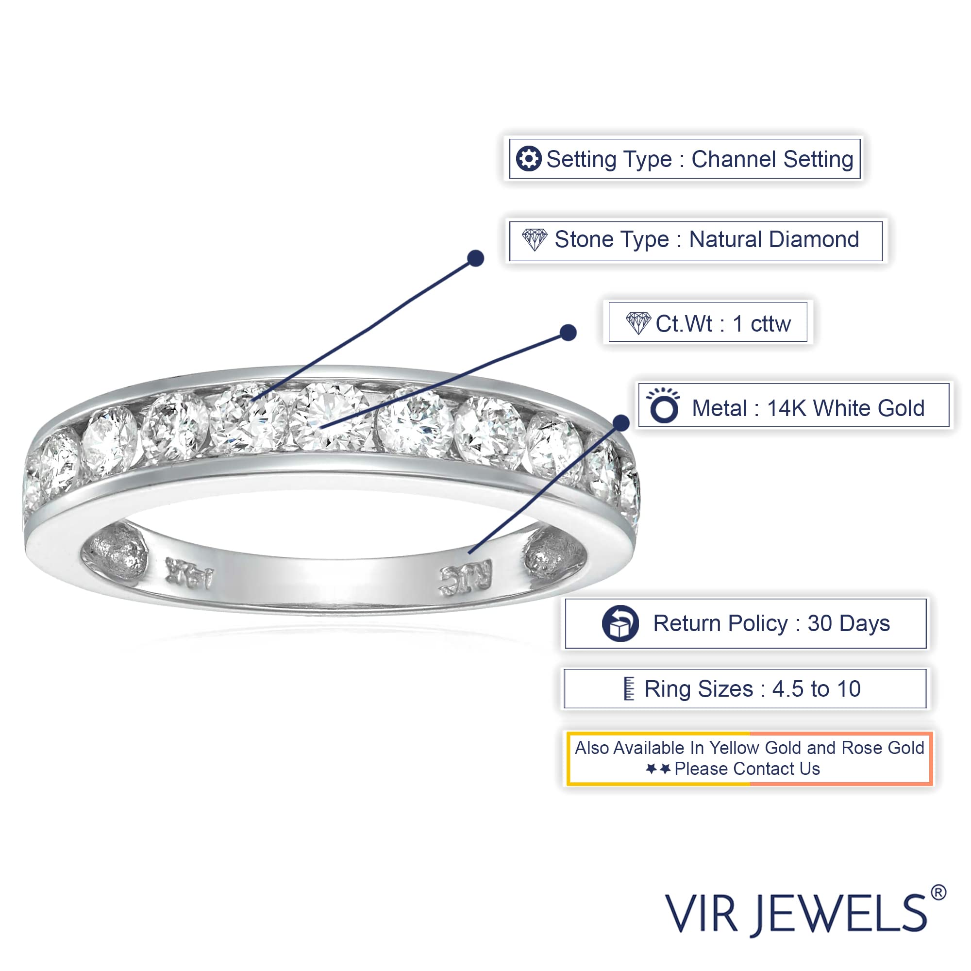 VIR JEWELS 1 cttw Diamond Wedding Anniversary Band for Women Half Eternity Diamond Engagement Ring 14K White Gold Channel Set SI2-I1 Clarity Certified Size 8