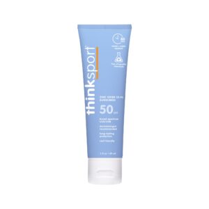 thinksport spf 50+ mineral sunscreen, 3 oz, safe, natural sunblock for sports & active use, water resistant reef safe sunscreen, broad spectrum uva/uvb sun screen for sun protection